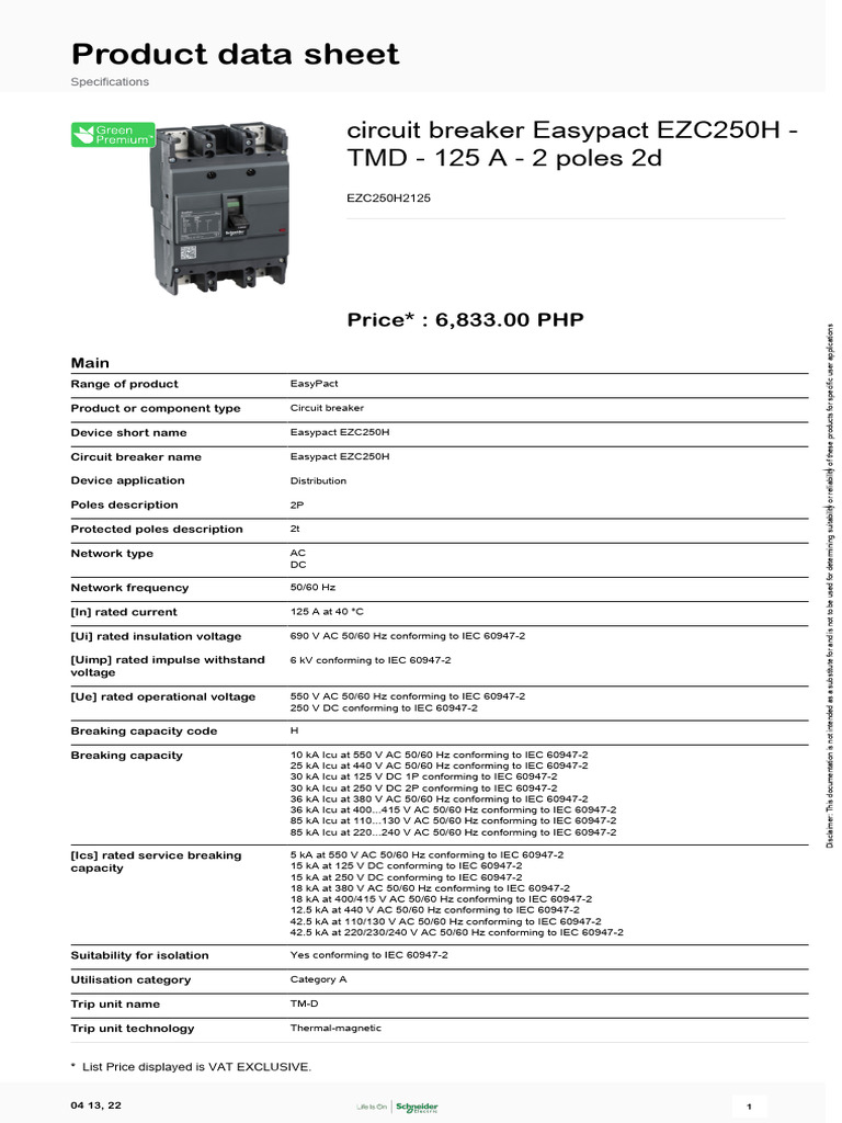 Easypact EZC250H Circuit Breaker Specs | PDF | Alternating Current ...
