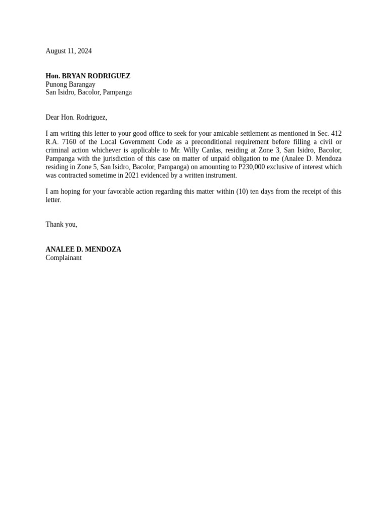 Letter To Barangay | PDF