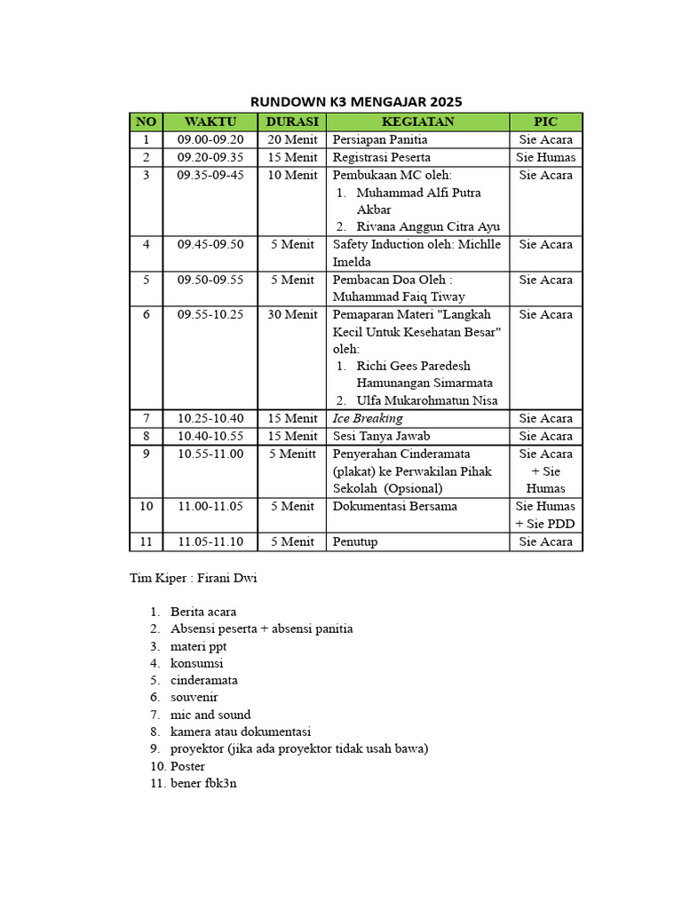 Rundown K3 Mengajar | PDF