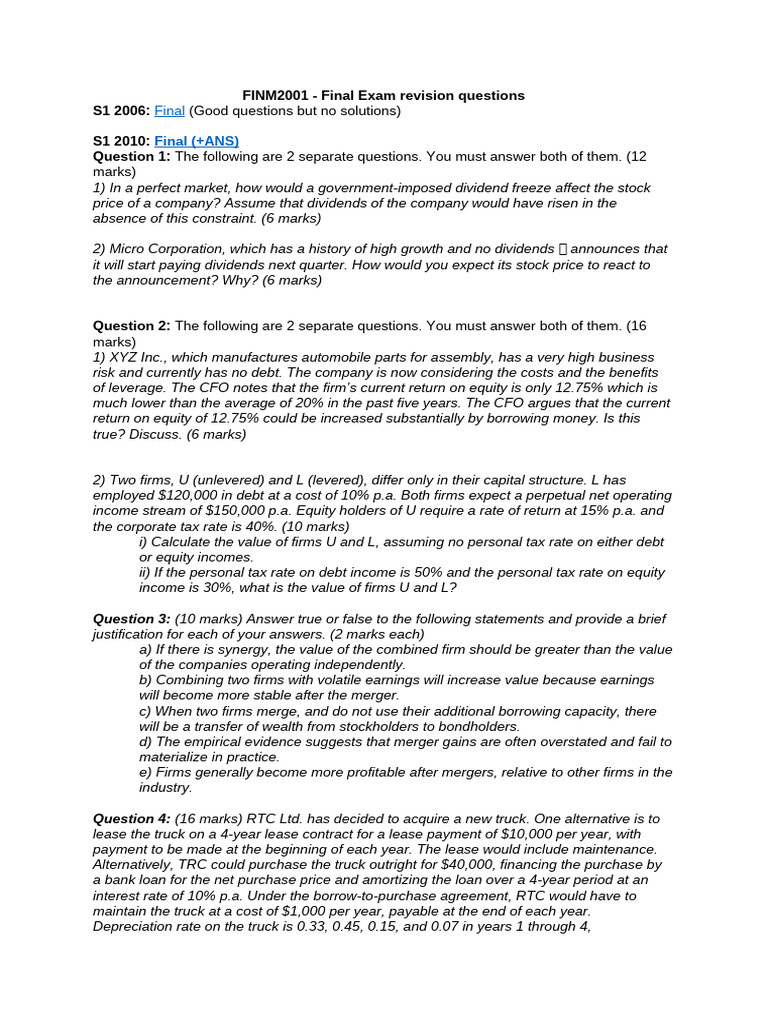 Corporate Past Exam Revision | PDF | Cost Of Capital | Dividend