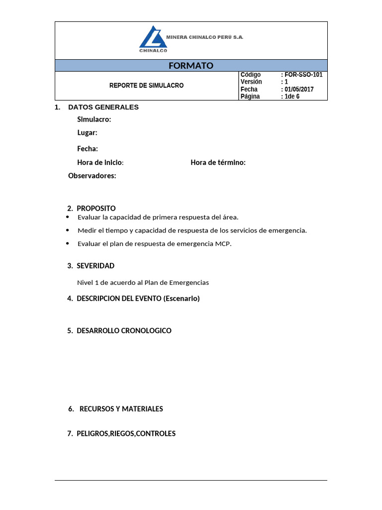 FOR-SSO-101 Reporte Simulacro | PDF
