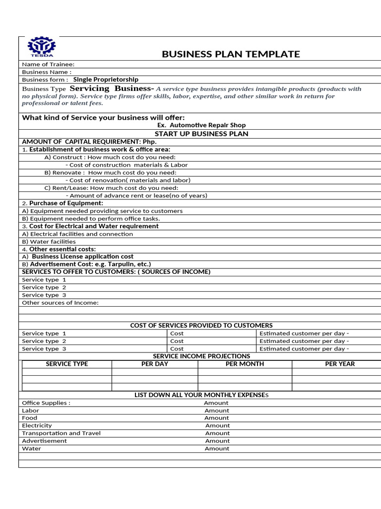 Entrep Business Plan Tempalte Servicing Business | PDF