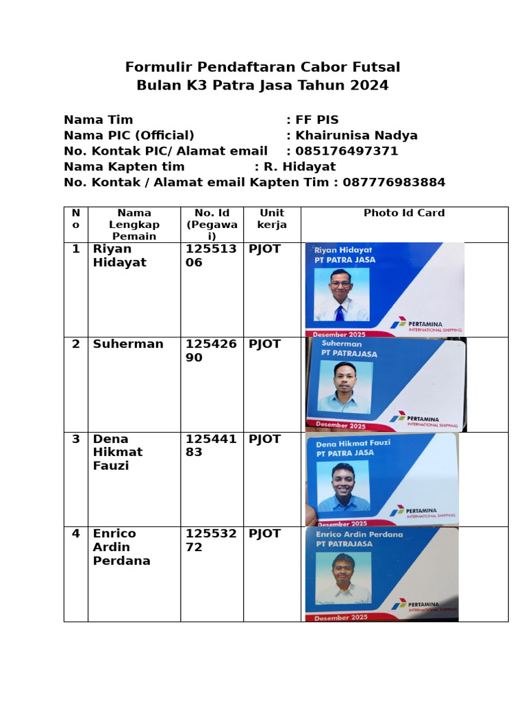 Formulir Pendaftaran Futsal - Nama Tim | PDF