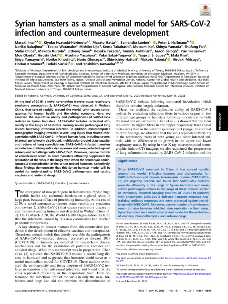 Masaki Imai Et Al 2020 - Syrian Hamsters As A Small Animal Model For ...