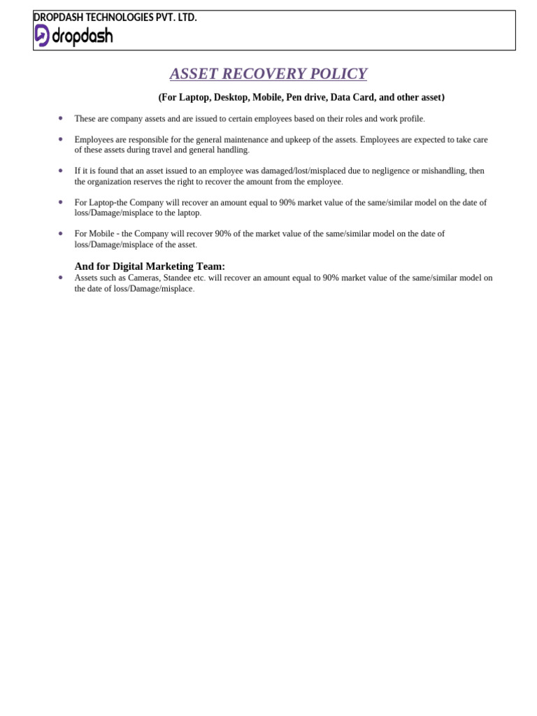 DD - Assets Recovery Policy | PDF