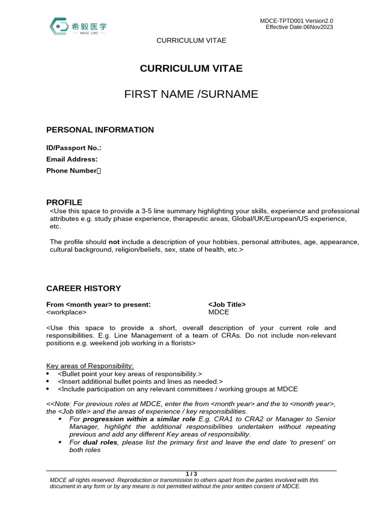 03-TPTD001-Standard MDCE International CV Template-Mr. Karna | PDF