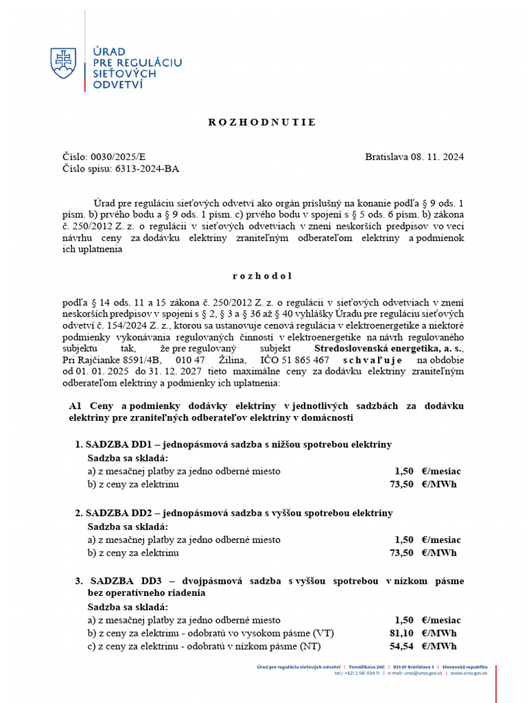 Cenove Rozhodnutie 0030 2025 Regulovana Elektrina | PDF