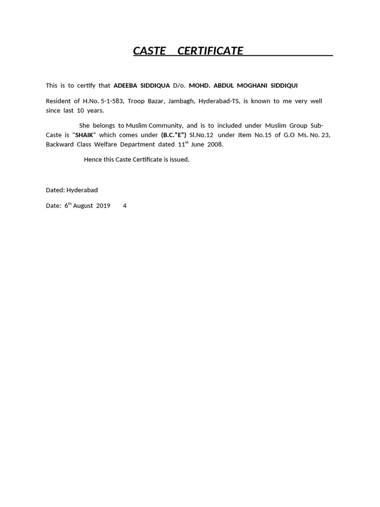 Caste Certificate for Adeeba Siddiqua | PDF