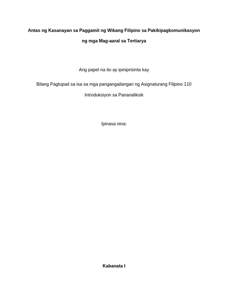 Antas NG Kasanayan Sa Paggamit NG Wikang Filipino Sa Pakikipagkomunikasyon NG Mga Mag | PDF