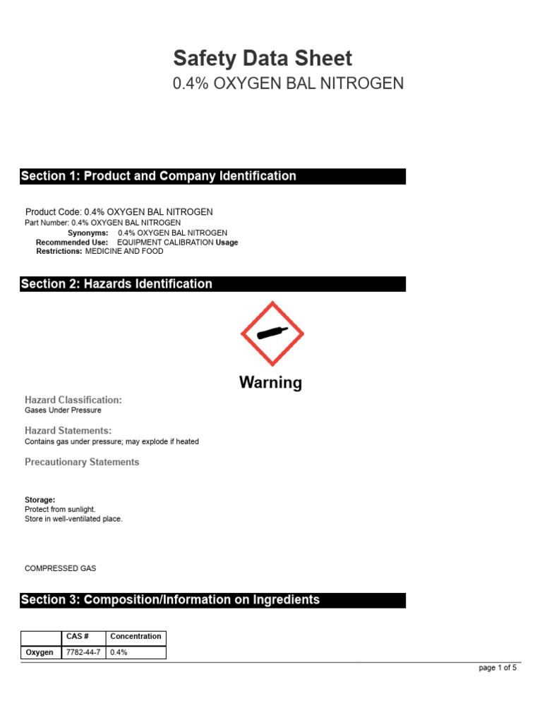 0.4% Oxygen Nitrogen Safety Data Sheet | PDF | Oxygen | Nitrogen