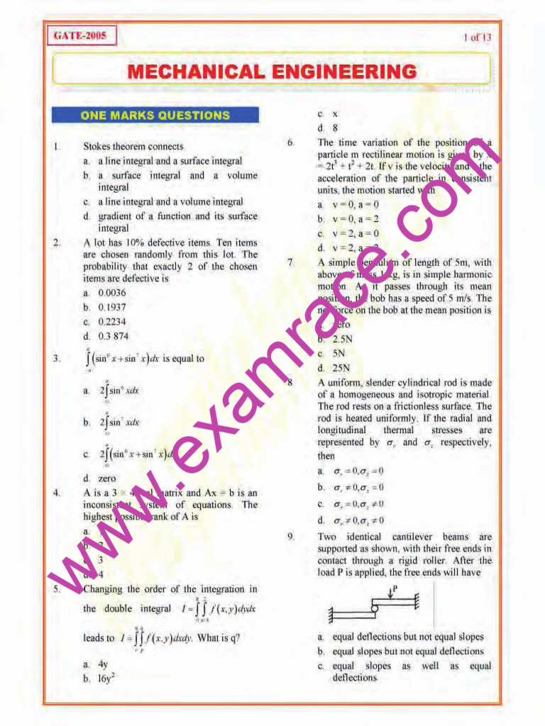 GATE Mechanical Engineering 2005 | PDF | Applied And Interdisciplinary Physics | Continuum Mechanics