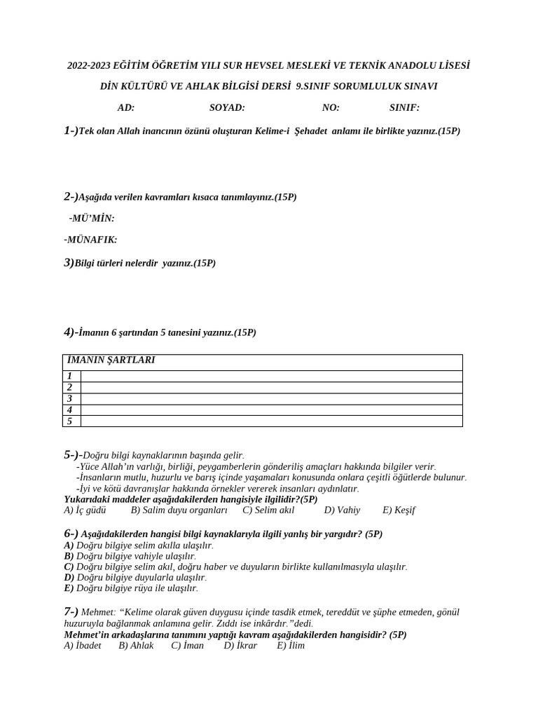 9.sinif Di̇nkültürü Soru | PDF