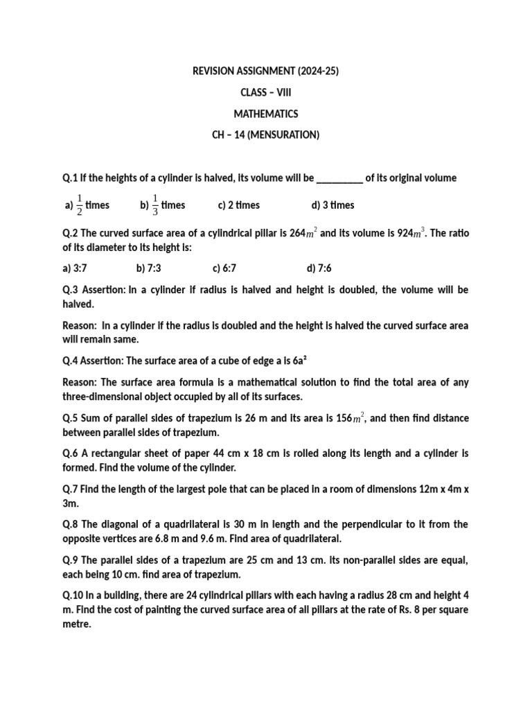 REVISION ASSIGNMENT - VIII - CH 14 - Mensuration | PDF | Area | Volume