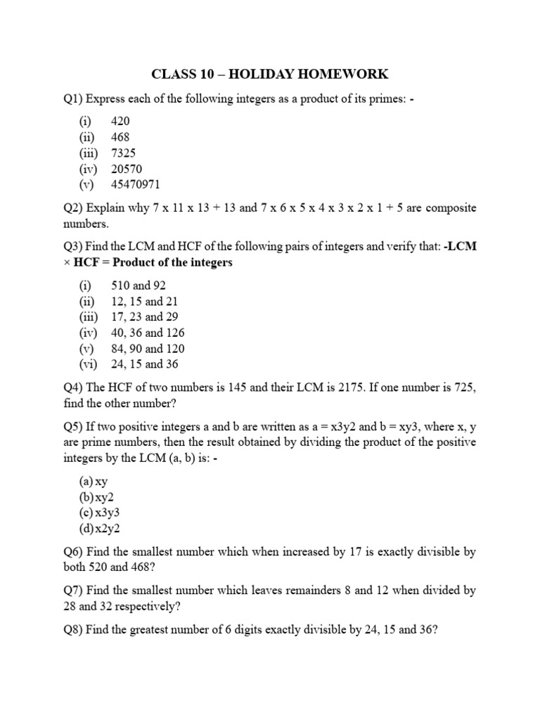 Mathematics - Grade 10 Holiday Homework Worksheet | PDF | Polynomial | Mathematics