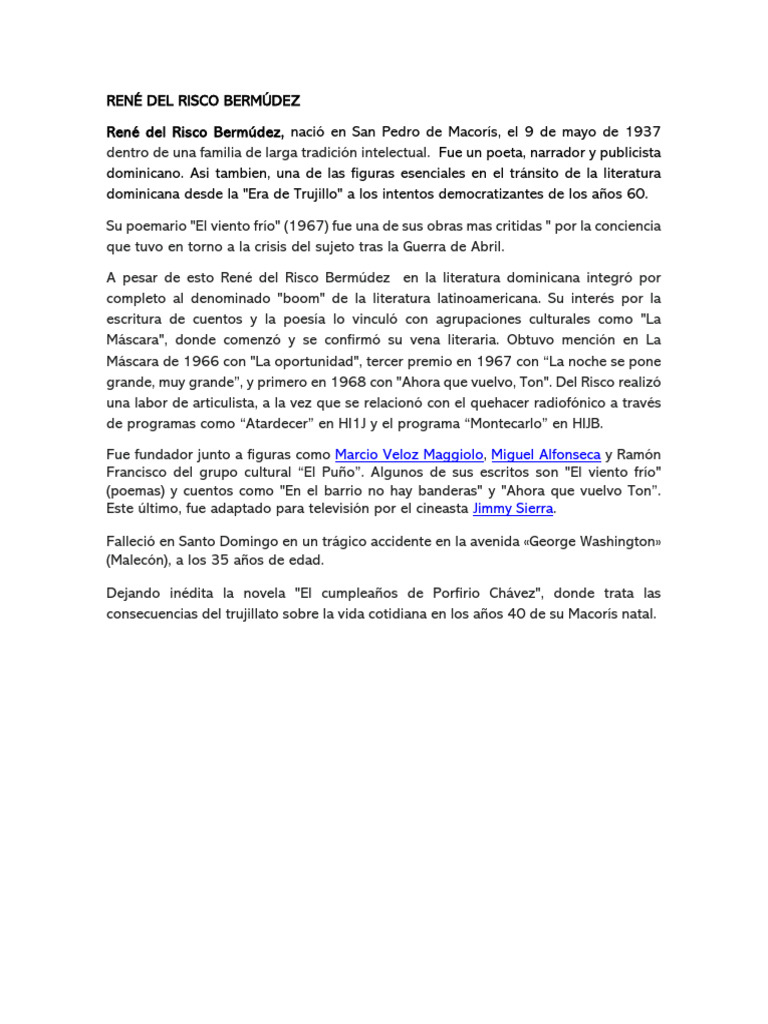 René del Risco: Poeta y Narrador Dominicano | PDF