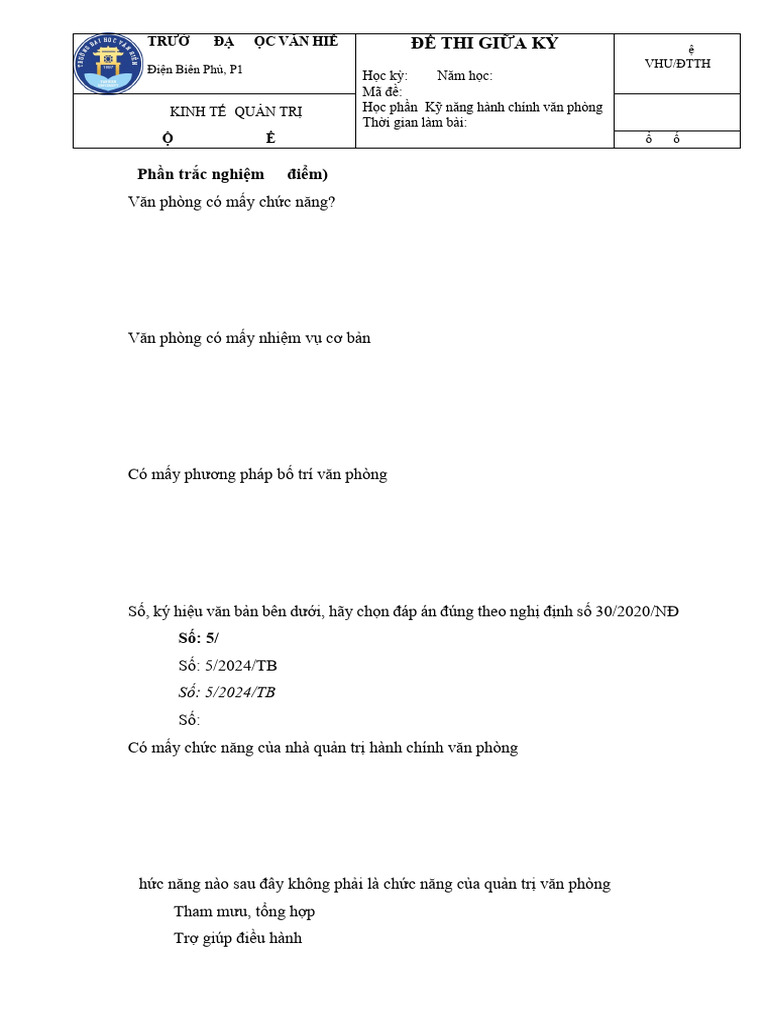 De Thi Giua Ky - Final - de 1 - HK1 | PDF