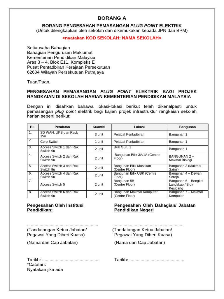 01-Borang A - Pemasangan Plug Point Elektrik Emel | PDF