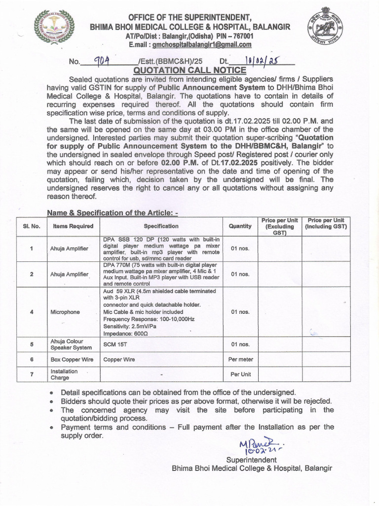 Qoutation Call Notice No.904 Dt.10.02.2025 For Public Announcement ...