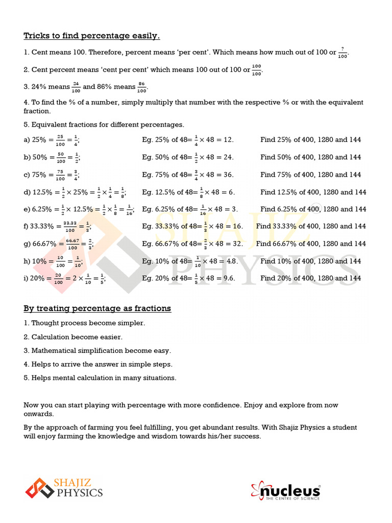 Tricks To Find Percentage Easily | PDF | Percentage | Mathematics