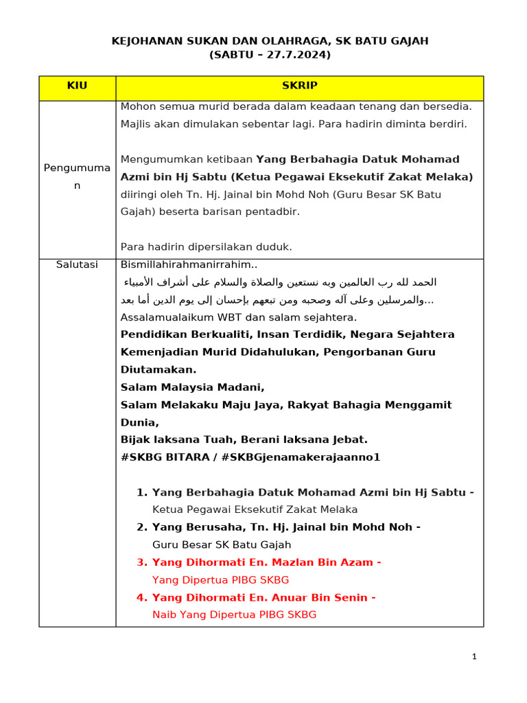 Teks Emcee Sukan Olahraga SKBG 2024 | PDF