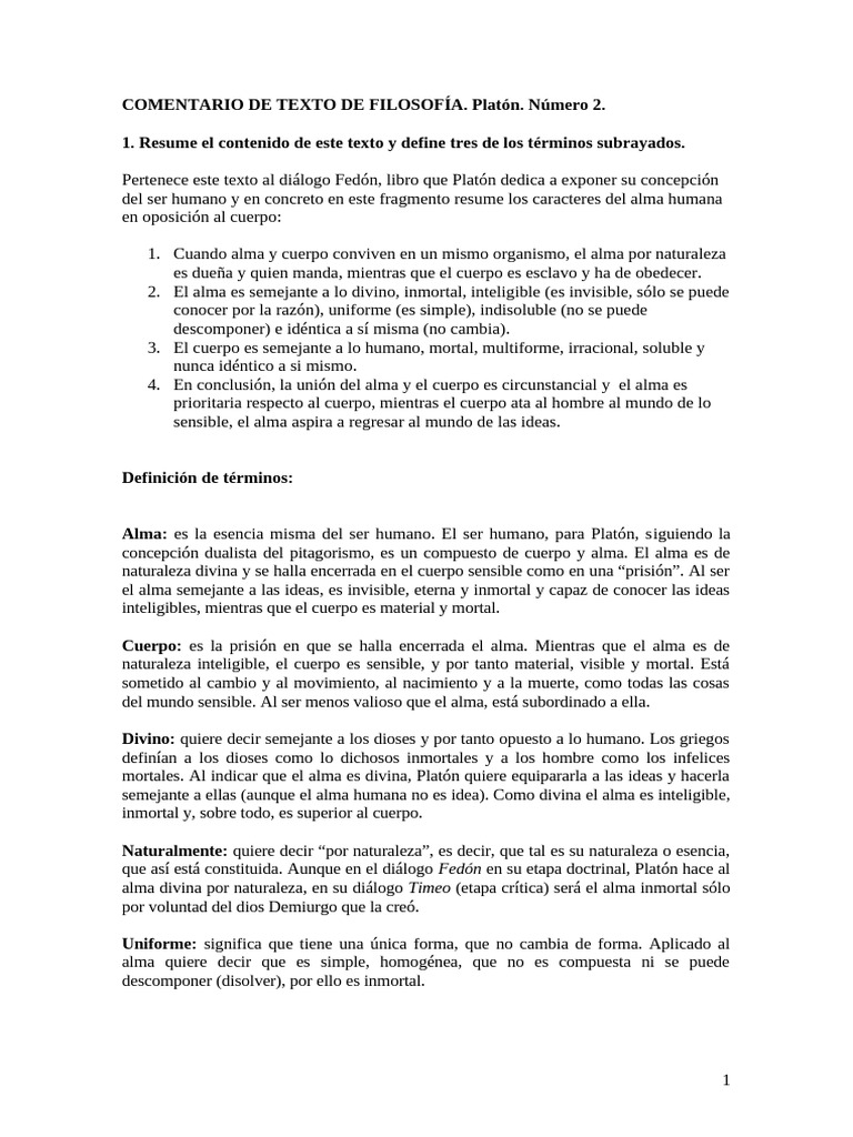 Comentario de Texto. Platón 2 | PDF | Platón | Alma