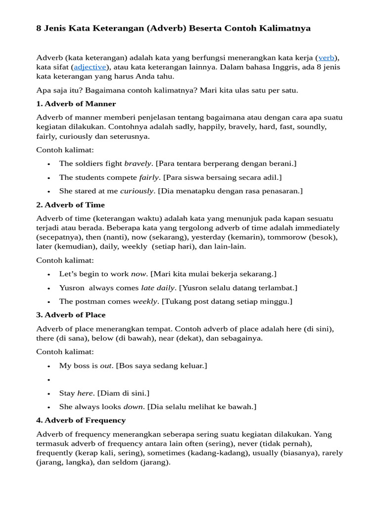 8 Jenis Adverb Tersebut Adalah Seperti Di Bawah Ini | PDF