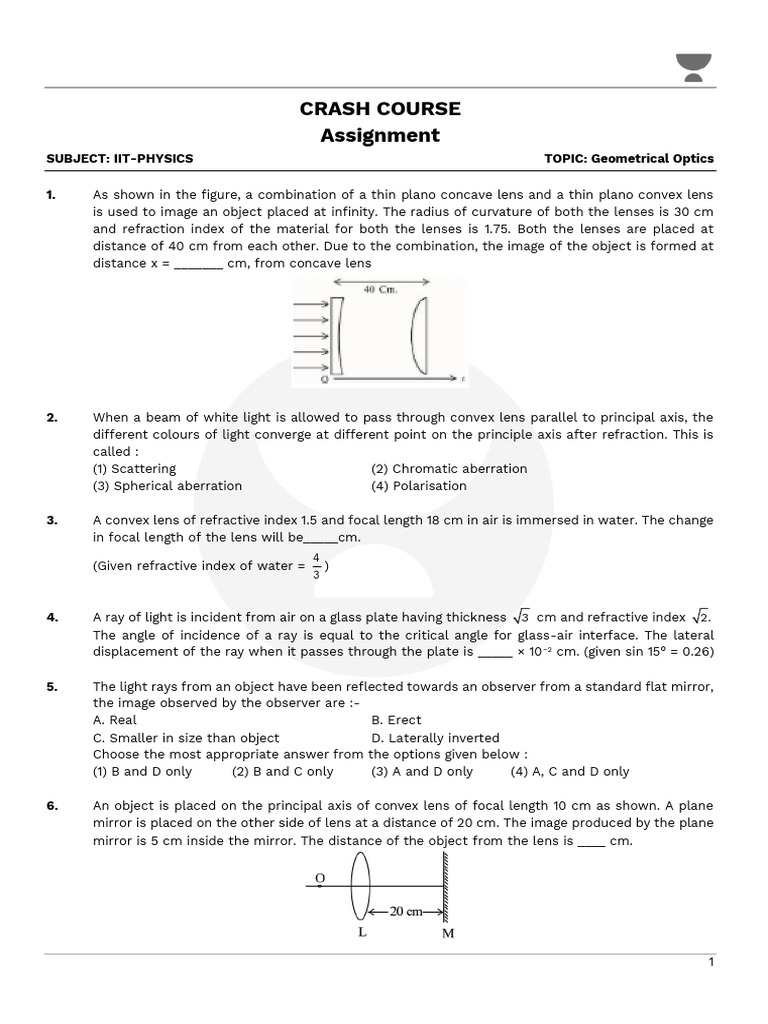 IIT Physics: Geometrical Optics Assignment | PDF | Electromagnetic ...