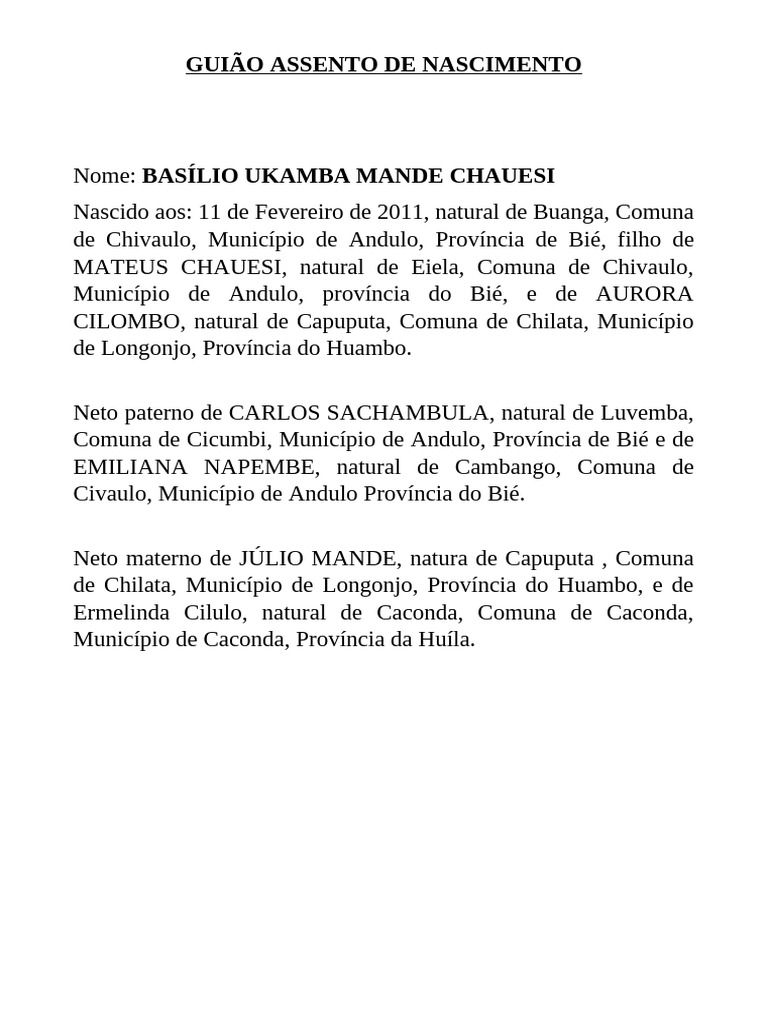 Assento de Nascimento de Basílio Ukamba | PDF
