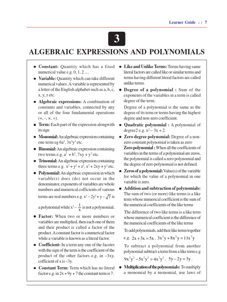 l-3 Algebraic Expressions and Polynomials | PDF | Polynomial | Factorization