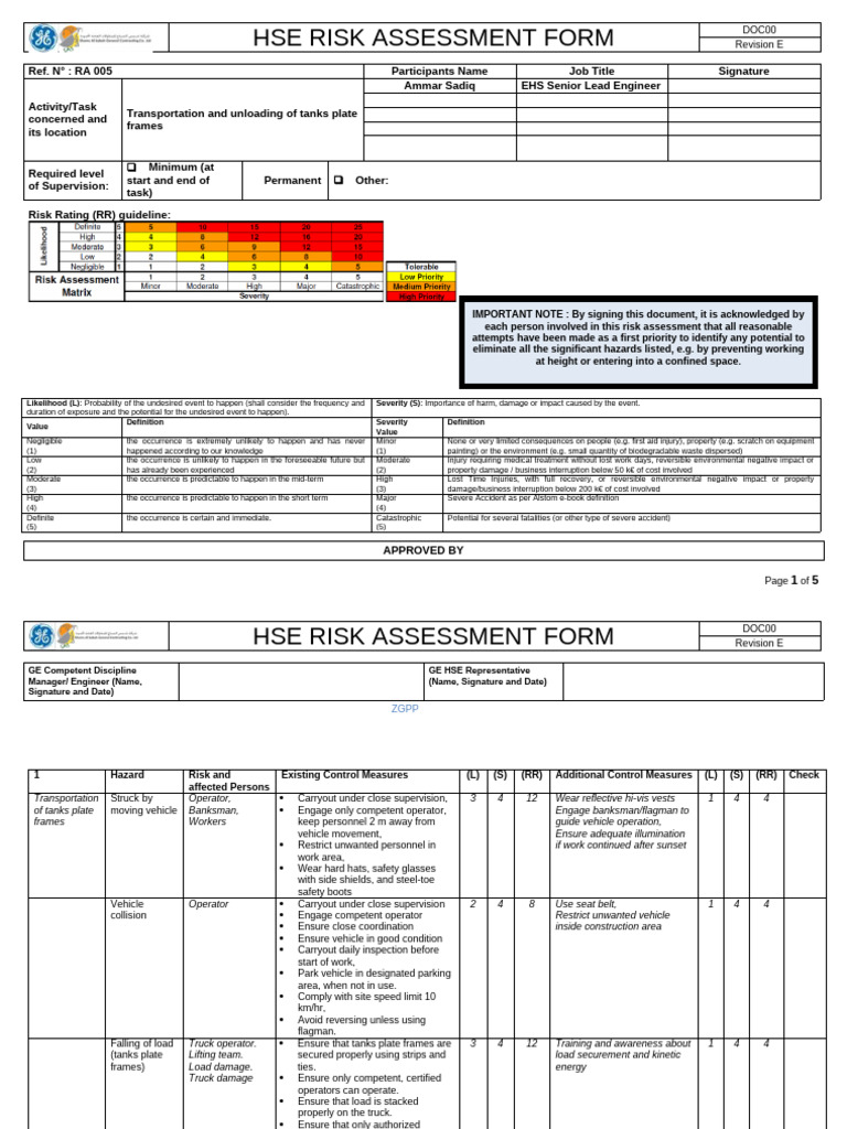 Risk Assessment-Transportation, Unloading of Tanks Plate Frame Using ...