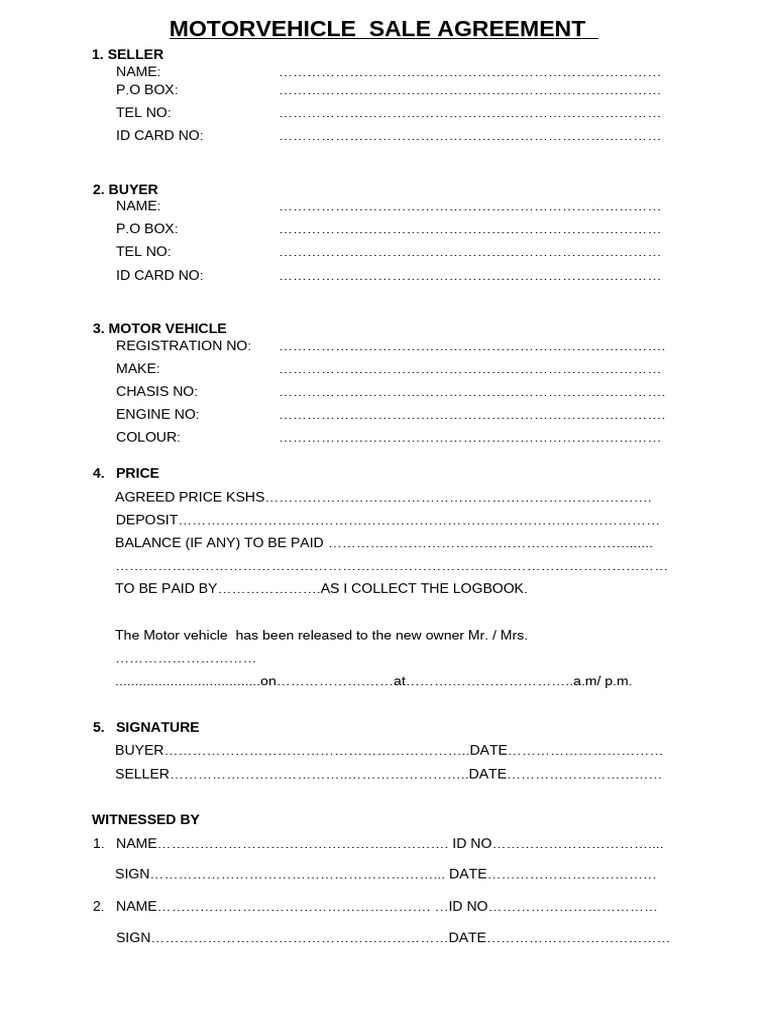 Motor Vehicle Sale Agreement Template | PDF