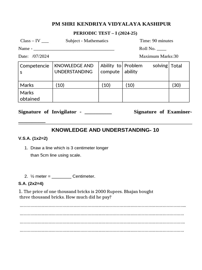 Class-IV (Math) PT-I (2024-25) | PDF