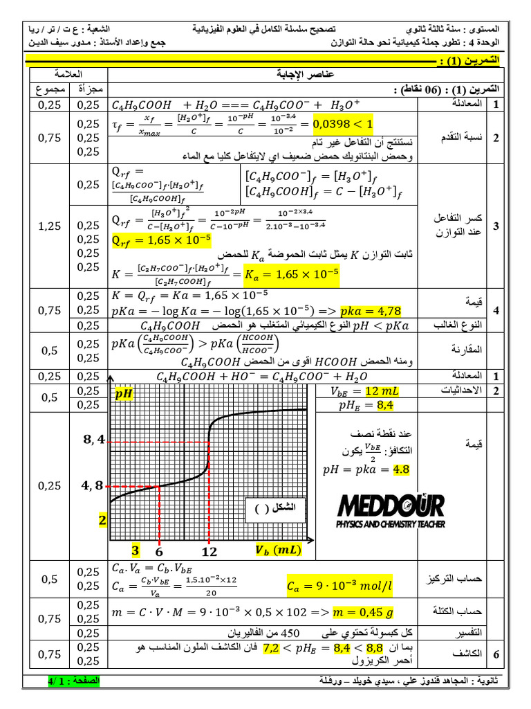 u4 - 1 سنة 3 تصحيح السلسلة 24 - 25 الأحماض والأسس | PDF