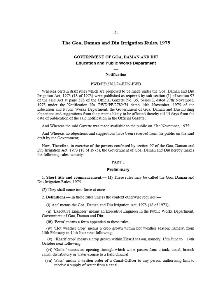 The Goa, Daman and Diu Irrigation Rules, 1975 | PDF | Water | Irrigation