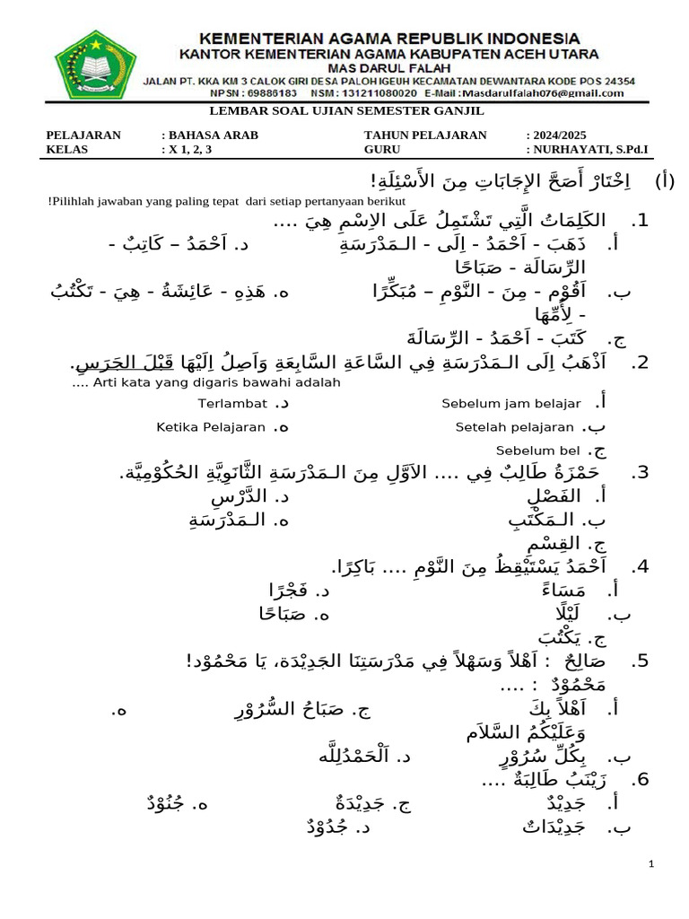 Uas Bahasa Arab Kelas X | PDF