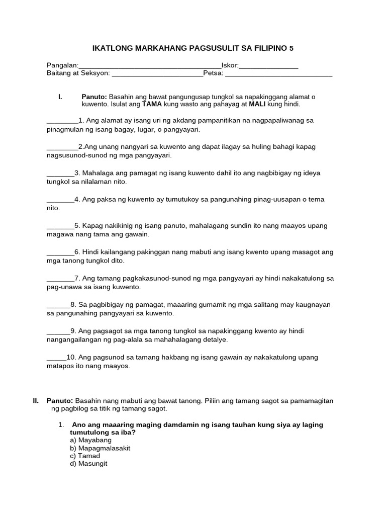 Ikatlong Markahang Pagsusulit Sa Filipino 5 Final | PDF