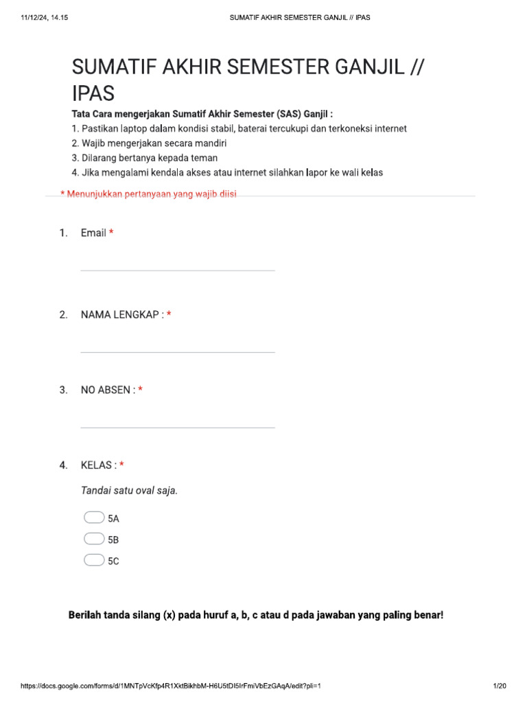 SAS GANJIL IPAS KELAS 5 TAHUN 2024 2025 - Google Formulir | PDF