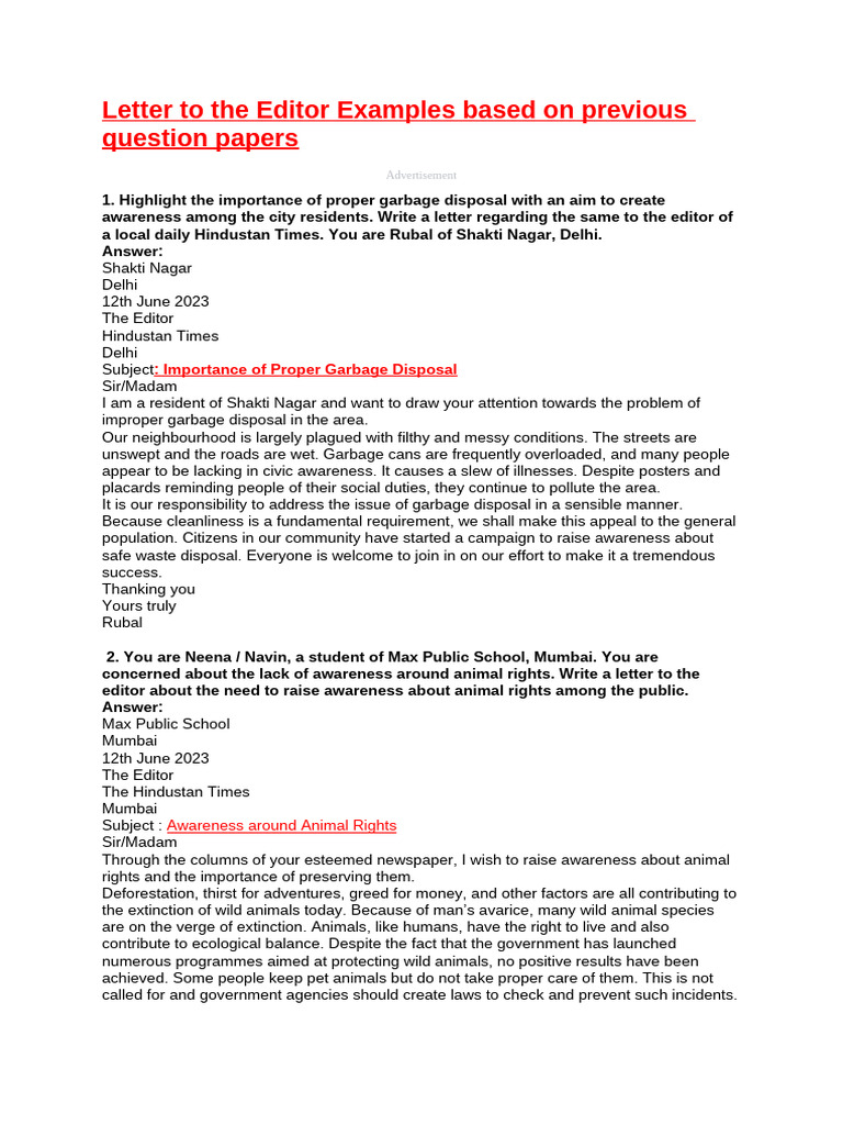 Letter To The Editor Examples Based On Previous Question Papers | PDF ...