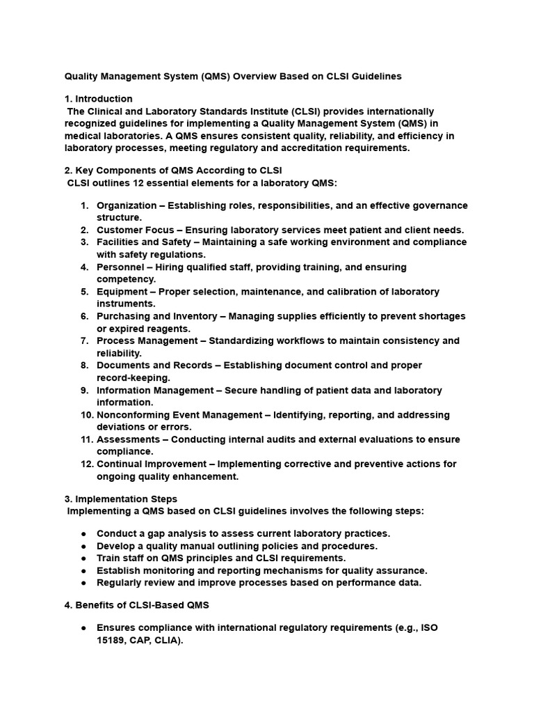 Quality Management System (QMS) Overview Based On CLSI Guidelines | PDF ...