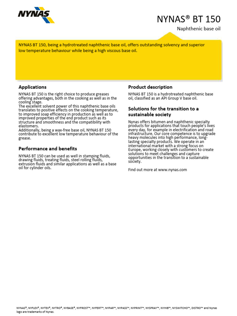 NYNAS® BT 150 (English) PDS | PDF | Viscosity | Mechanical Engineering