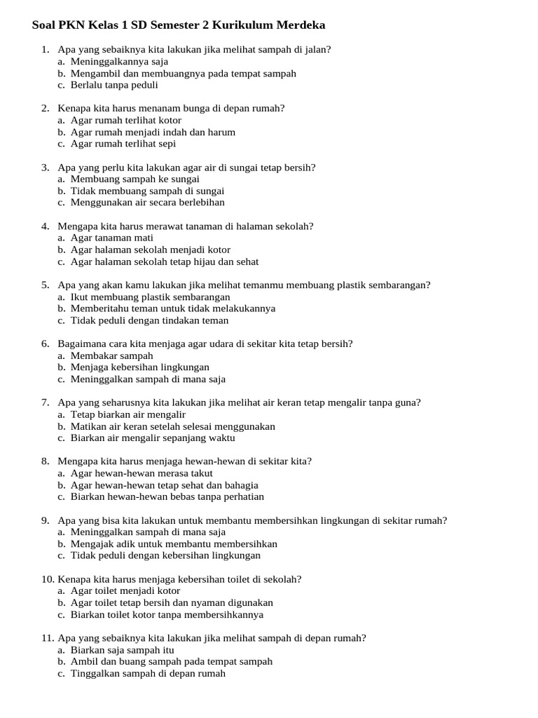 Soal PKN Kelas 1 SD Semester 2 Kurikulum Merdeka | PDF