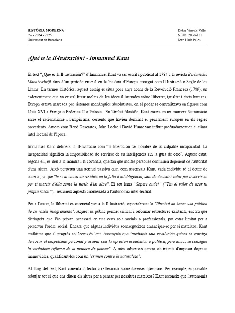Comentari de Text Kant - Dídac Vinyals Valle (1) | PDF