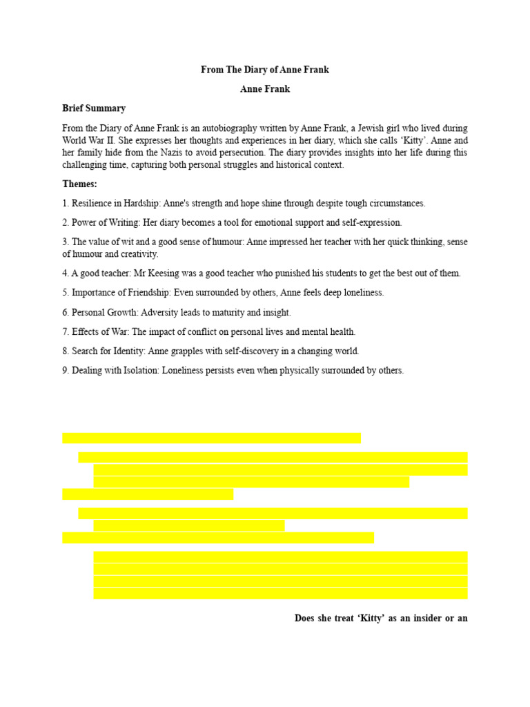 From The Diary of Anne Frank Notes and Q and A 2 | PDF | Anne Frank | Diary