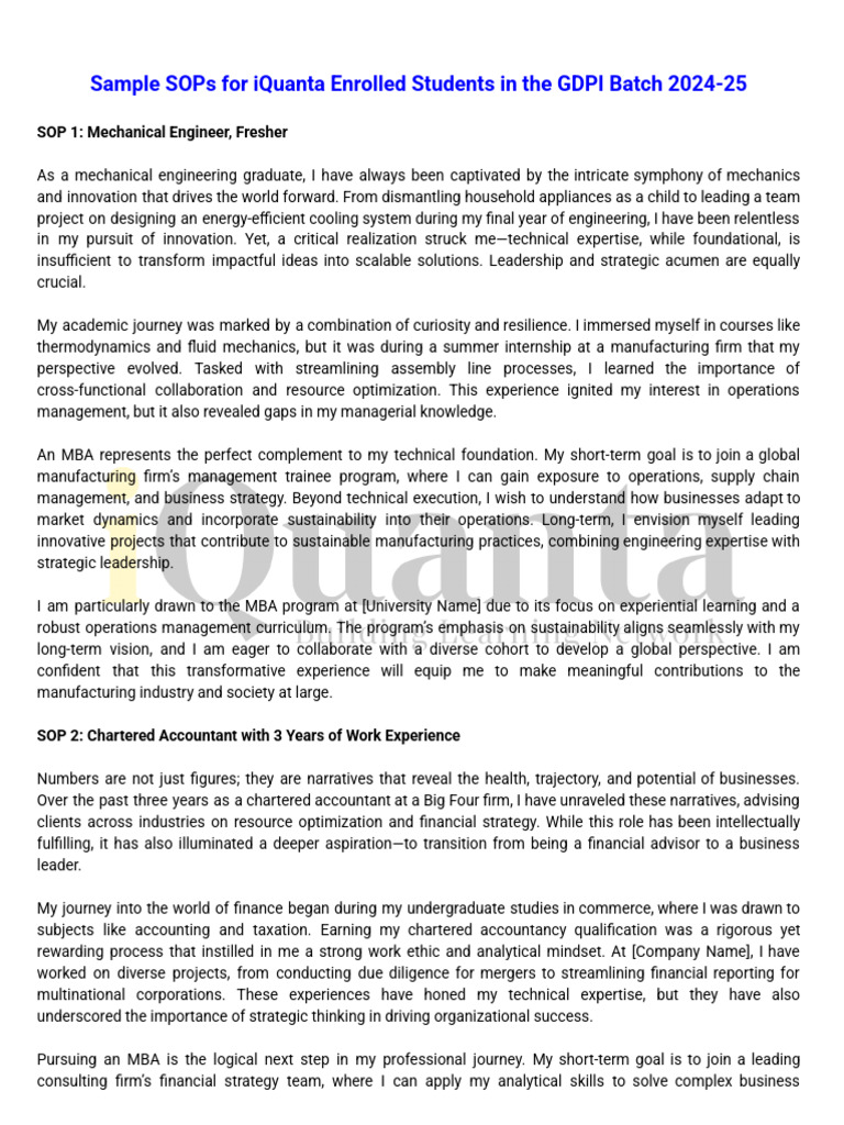 Sample SOPs For IQuanta Enrolled Students in The GDPI Batch 2024-25 | PDF | Entrepreneurship ...