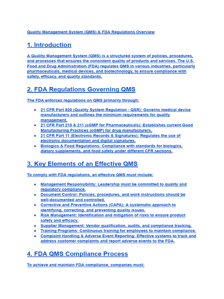 Quality Management System (QMS) & FDA Regulations Overview | PDF ...