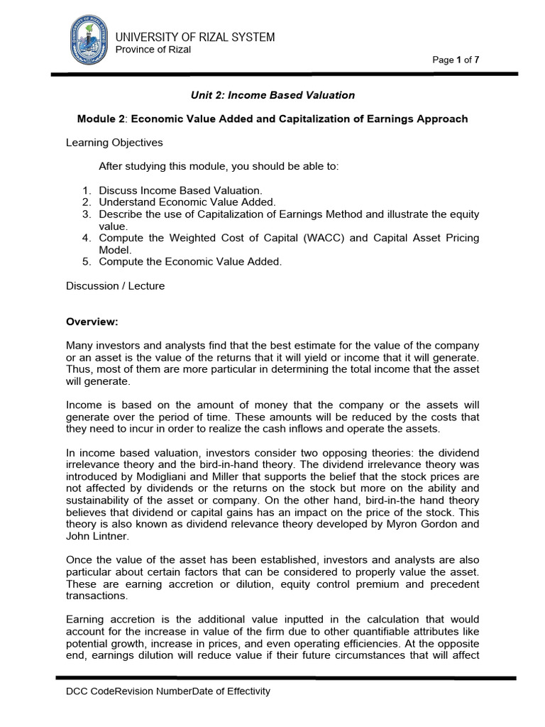 Income Based Valuation Techniques Pdf Cost Of Capital Capital
