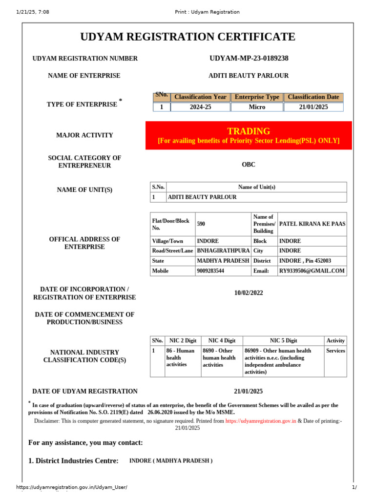 Print - Udyam Registration Certificate | PDF