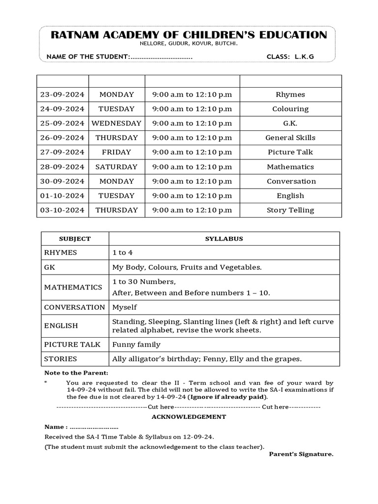 SA-I (24-25) LKG to 5 TIME TABLES | PDF | Languages | Foreign Language ...