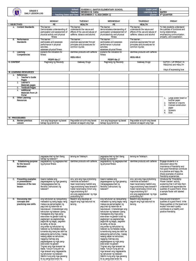 DLL - Mapeh 5 - Q3 - W1 | PDF