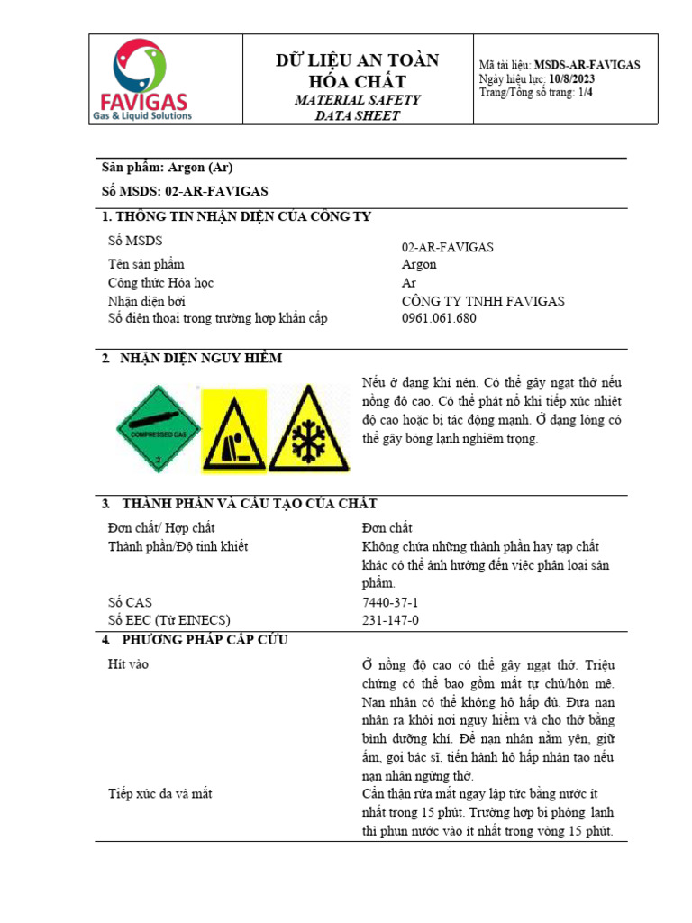 MSDS - Argon - Favigas - Vietnamese | PDF